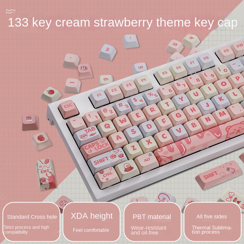 Cream Strawberry Theme Keycap 133 Keys Cute Pink Keycap ปุ่มกดคีย์บอร์ด ...