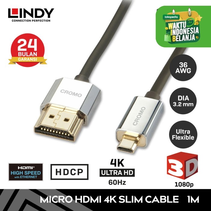 Lindy CROMO Slim ตัวเชื่อมต่อ HDMI เป็น Micro HDMI ความเร็วสูง 1 เมตร ...