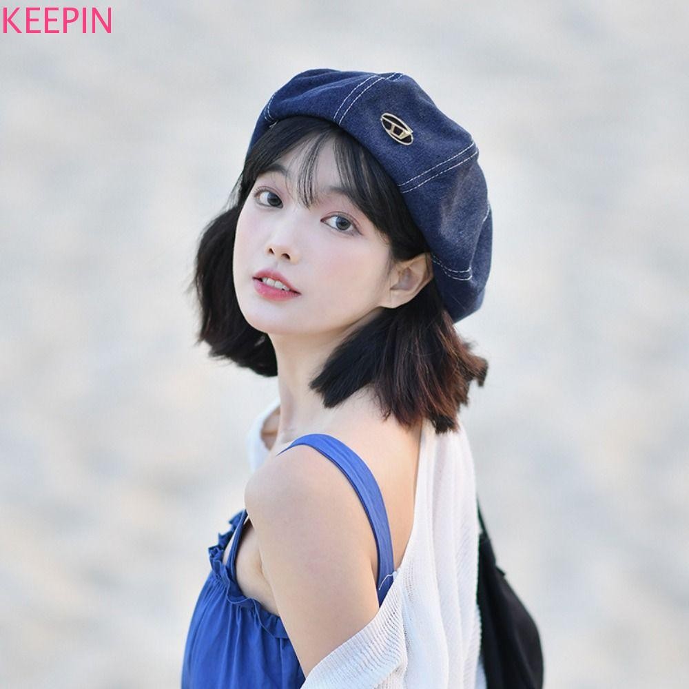 Keepin Letter D Beret หมวก, Harajuku Y2K Denim Beret,บุคลิกภาพสไตล์ ...
