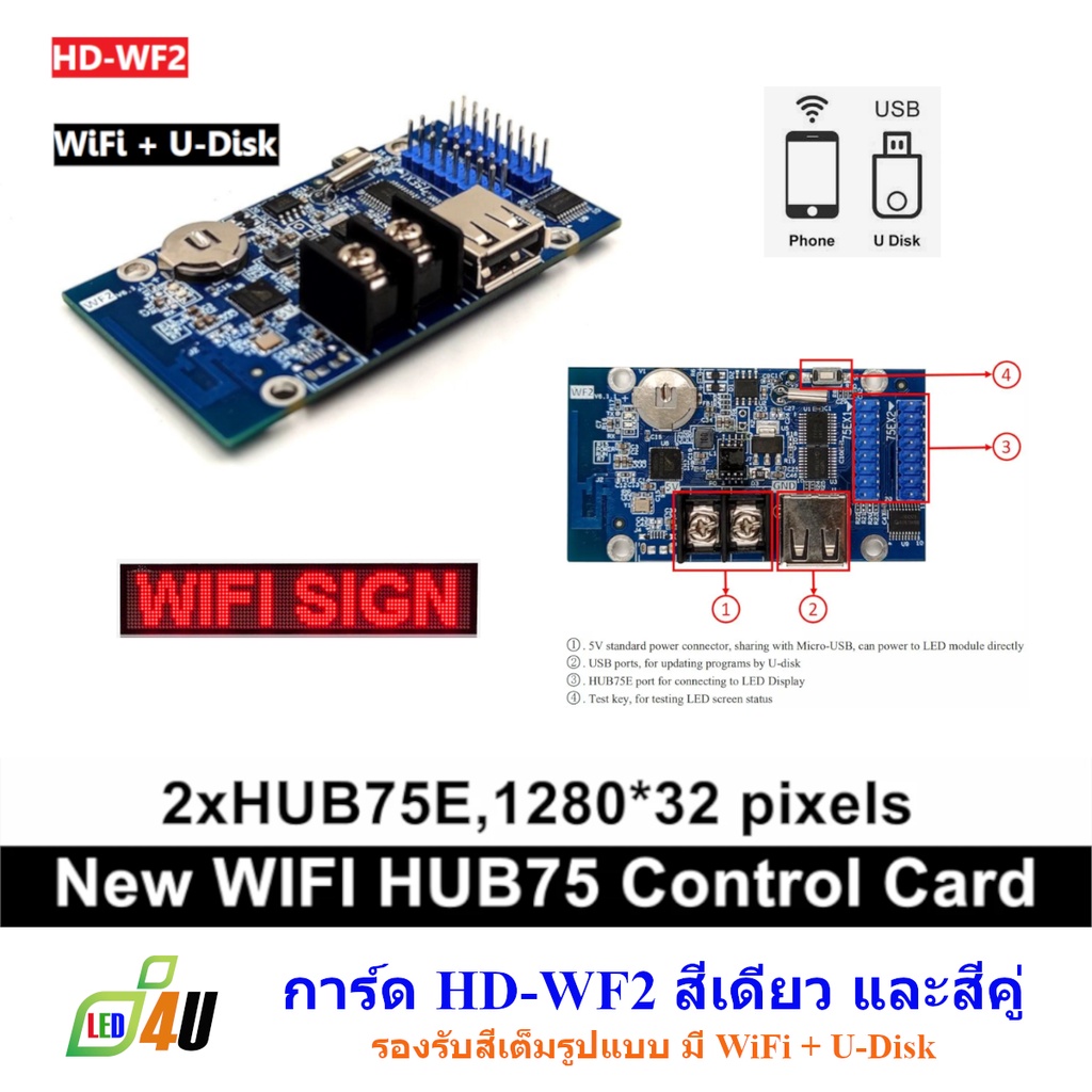 บอร์ดป้ายไฟ LED HD-WF2 มีไวไฟ +U-Disk รองรับสีเต็มรูปแบบ อัปเดตข้อความ ...