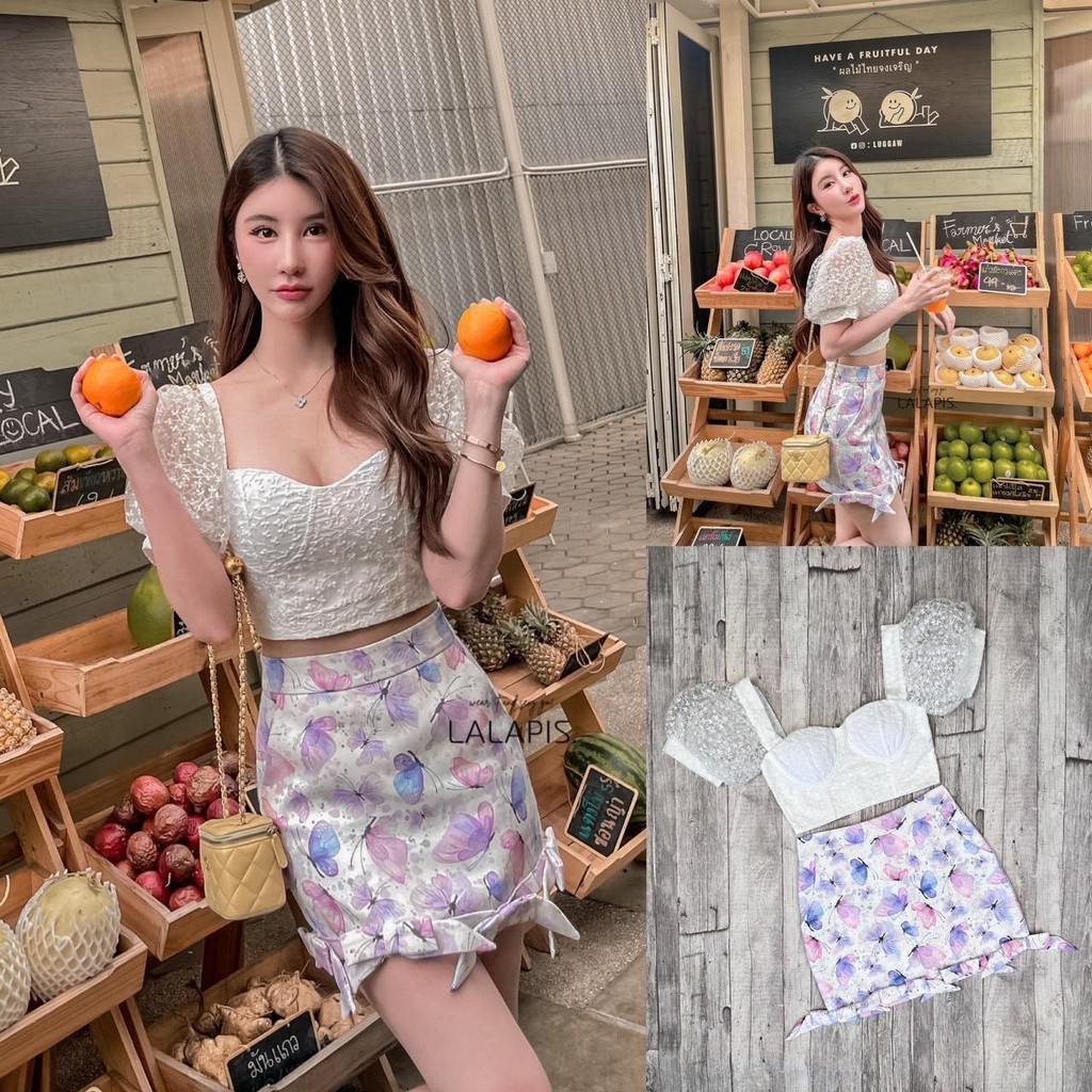 HIso l (พร้อมส่ง) Lalapis2 เซ็ตผีเสื้อจิบเกสรดอกไม้ ตัวเสื้อครอปเป็นลูกไม้ทั้งตัว มีสไตส์ ...