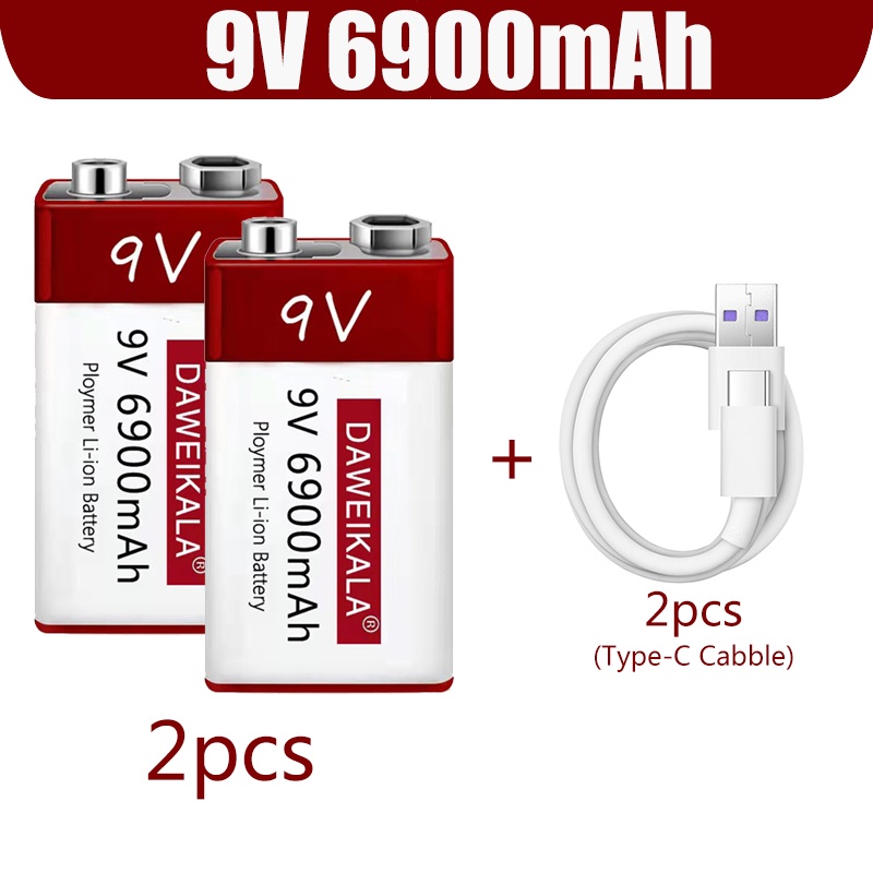 9V Battery 6900mAh li-ion Rechargeable battery Type-C Batteries 9v USB ...