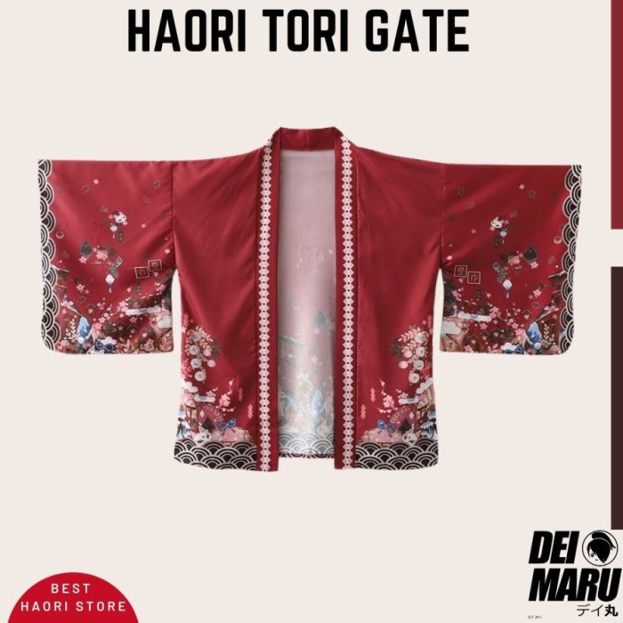 Merah Japanese Costume Outer Kimono Unisex Haori Tori Gate Outer คาร์ดิ ...