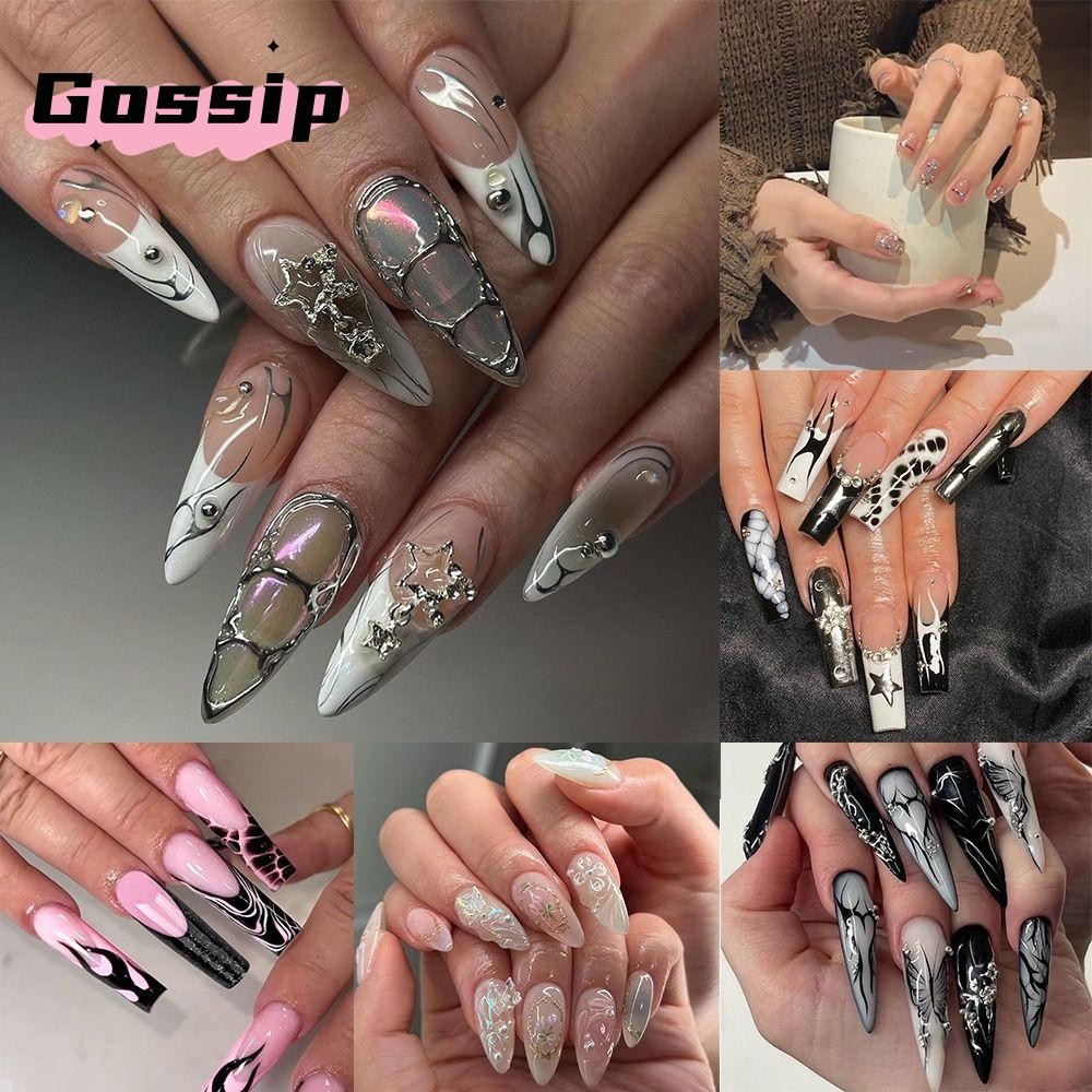 Gossip 24 ชิ้นเล็บปลอม, Stiletto Stained Love ผีเสื้อเปลวไฟปลอม Nials ...
