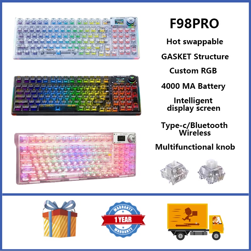 Aula F98PRO คีย์บอร์ดไร้สาย RGB พร้อมลูกบิด สีโปร่งใส | Shopee Thailand