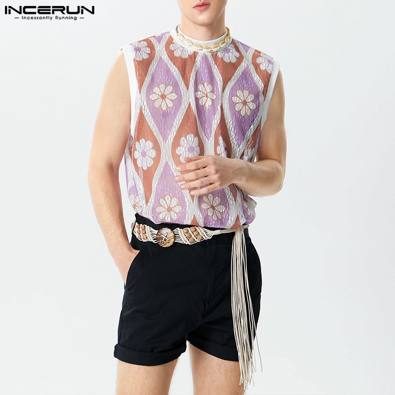 Incerun เสื้อกล้าม แขนกุด ลูกไม้ แผงกลวง สําหรับผู้ชาย | Shopee Thailand