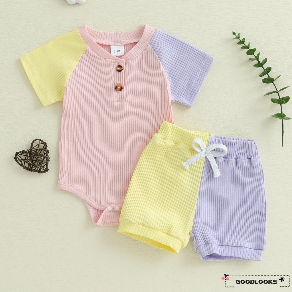 Gd-baby Summer Set ชุดรอมเปอร์คอกลมแขนสั้นสีตัดกันพร้อมกางเกงขาสั้น 2 ...
