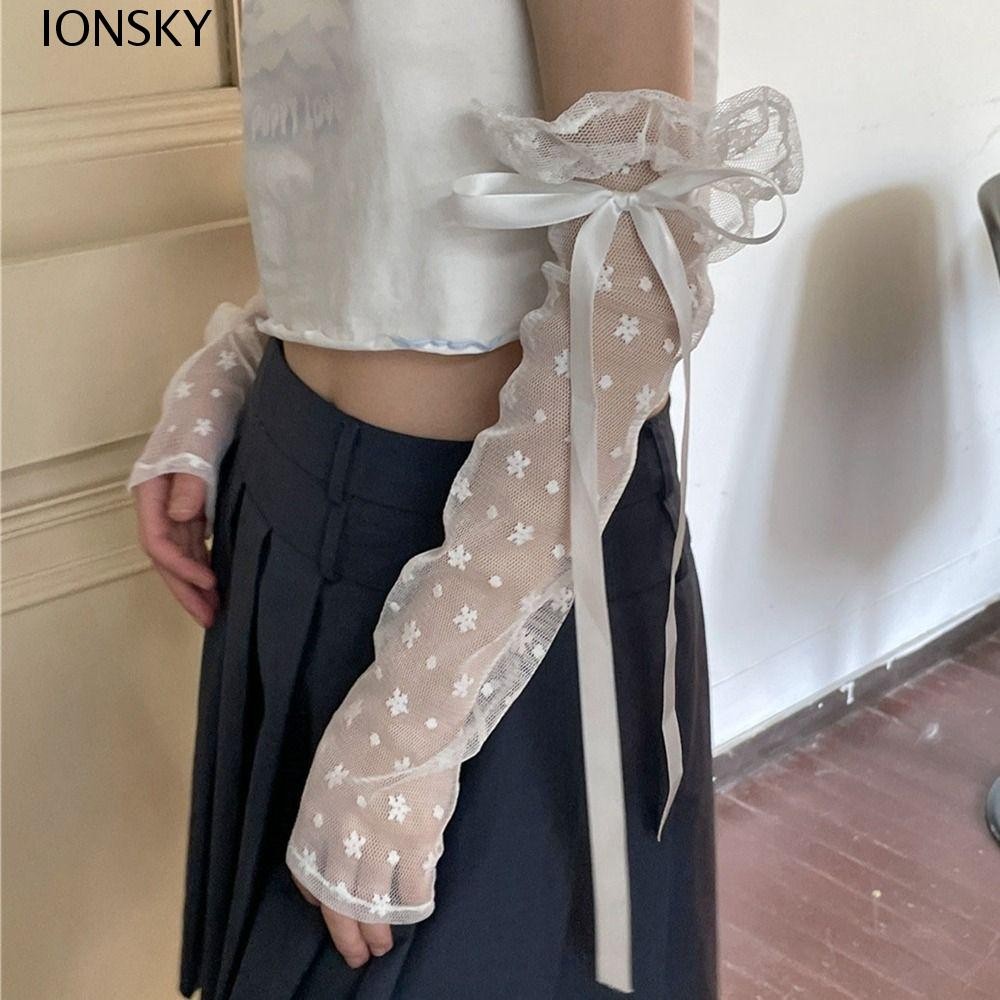 Ionsky ลูกไม้แขนอุ่นฤดูร้อนผู้หญิงบาง Anti-UV Bow Balletcore Hollow ตา ...