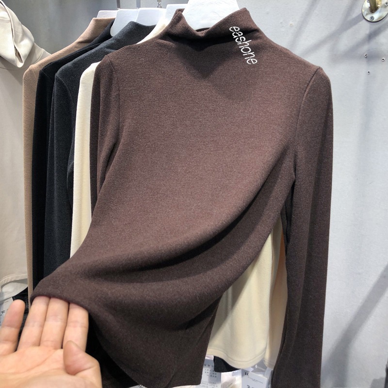 WANG JIAO ZHAN เสื้อยืดแขนยาว คอเต่า ผ้าฟลีซ ปักลายตัวอักษร ให้ความ ...