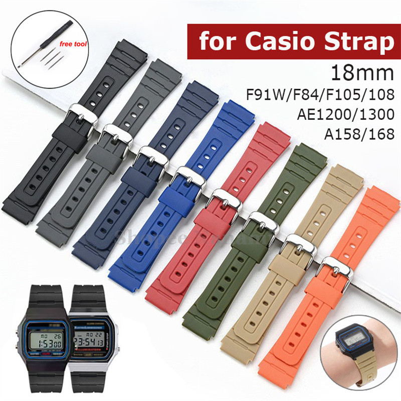 18 มม.ซิลิโคนเรซิ่นนาฬิกาสําหรับ Casio F91W/F84/F105/108 A158/168 AE1200/1300 สายรัดยางที่มี ...
