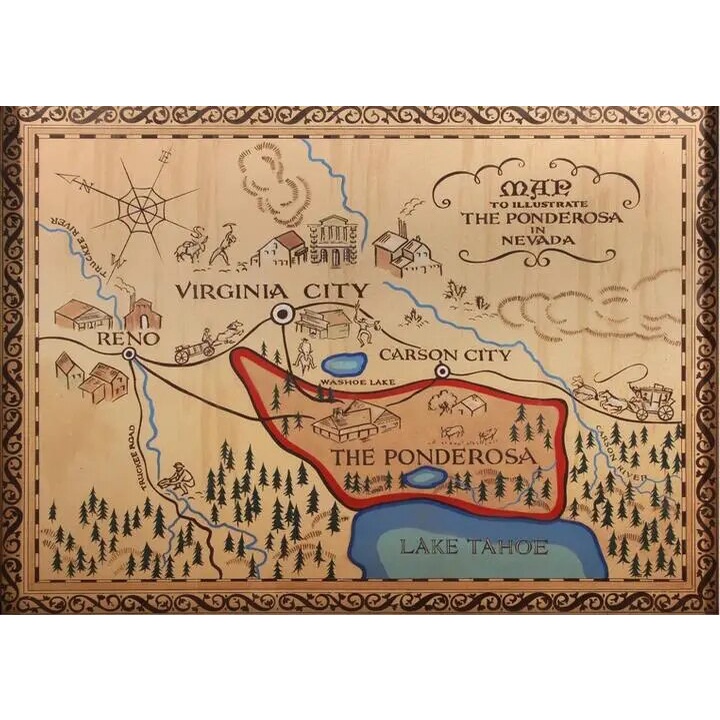 Bonanza The Ponderosa Ranch Map โปสเตอร์ฟิล์มผ้าไหม พิมพ์ลาย 24x36 นิ้ว ...