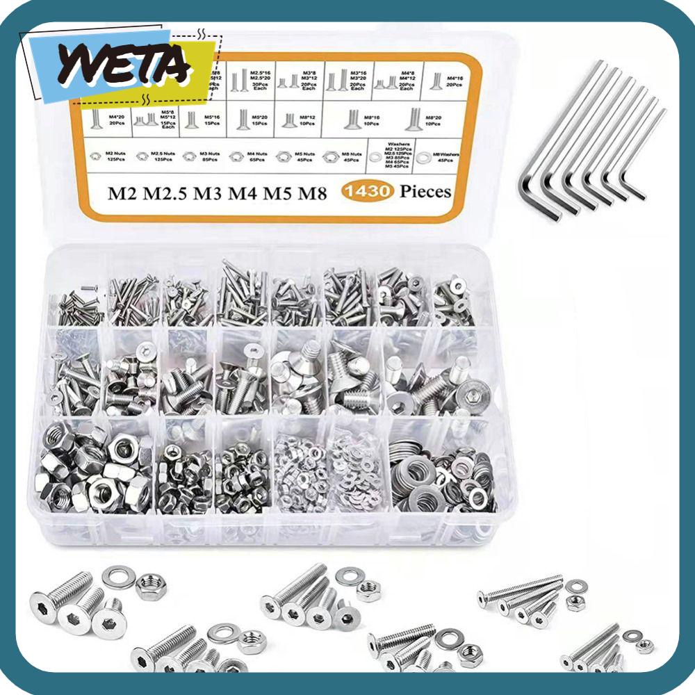 Yveta สกรูเมตริก สเตนเลส 304 หัวแบน หกเหลี่ยม 8-20 มม. 23 ขนาด M2 M2.5 M3 M4 M5 M8 1430 ชิ้น ...