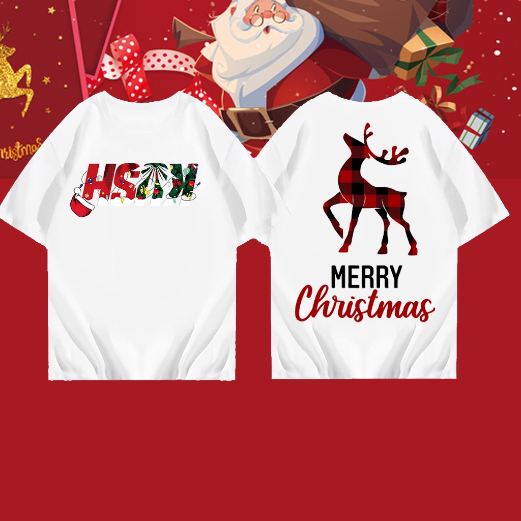 [S-5XL]【าฝ้ายแท้】 ใหม่ เสื้อยืด พิมพ์การ์ตูนกวางเรนเดียร์ Merry Christmas ฝ้าย 100% ขนาด s-5xl ...