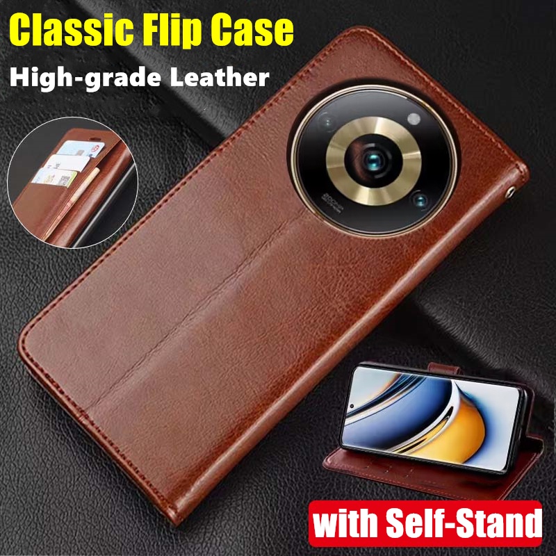เคสหนังวัวแท้ ฝาพับ พร้อมช่องใส่บัตร ขาตั้ง สไตล์วินเทจ สําหรับ Realme ...