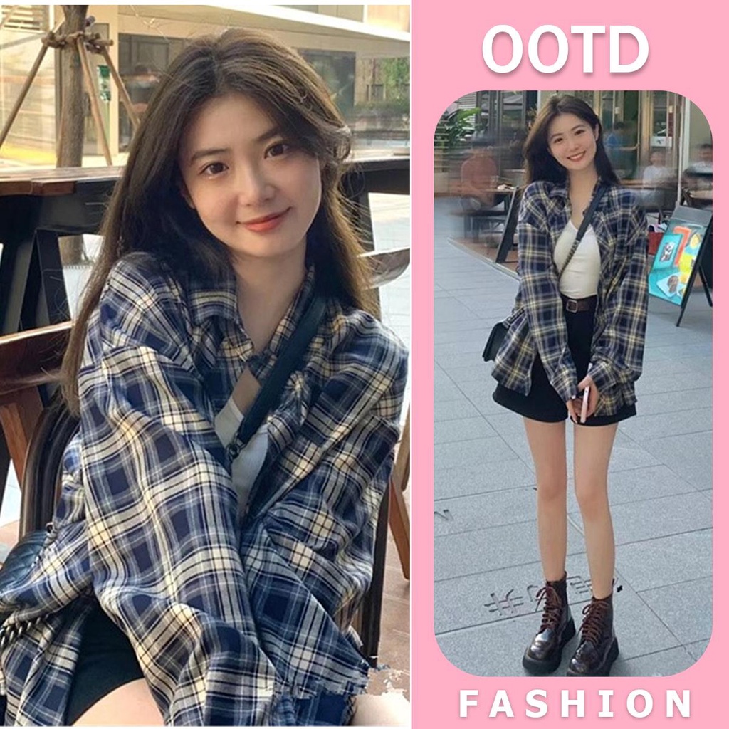 mimi&didi เสื้อเชิ้ตแขนยาวลายสก๊อต เสื้อแฟชั่นผู้หญิง วินเทจ โอเวอร์ไซส์ สไตล์เกาหลี #W272 ...