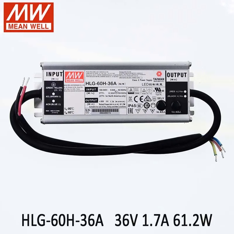 Mean WELL สวิตช์พาวเวอร์ซัพพลาย LED HLG-60H-36A 60W 36V 110V 220V AC เป็น 36V DC 1.7A 60W กัน ...