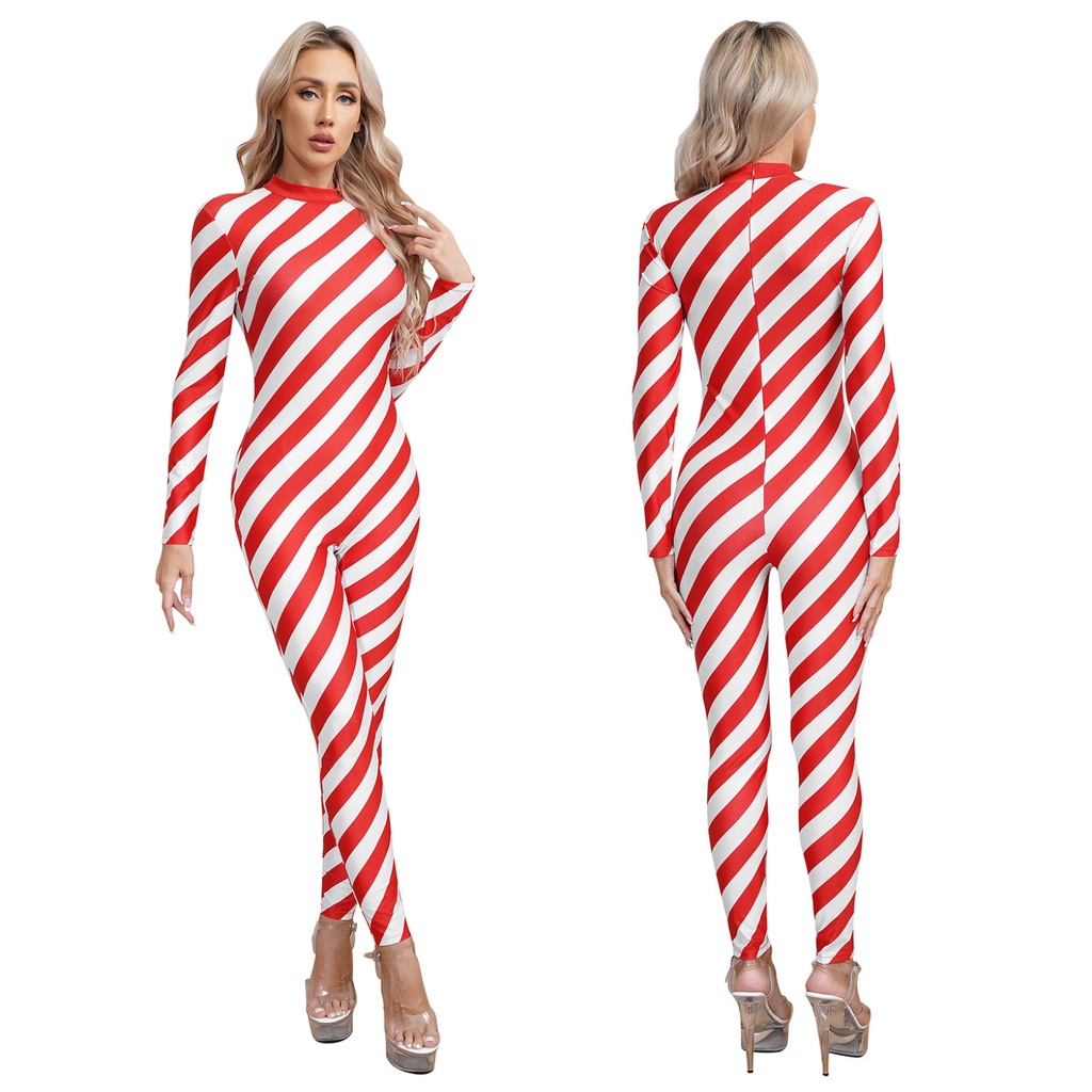 Womens Christmas Candy Cane ชุดบอดี้สูทเครื่องแต่งกาย Mock คอแขนยาวกลับ ...