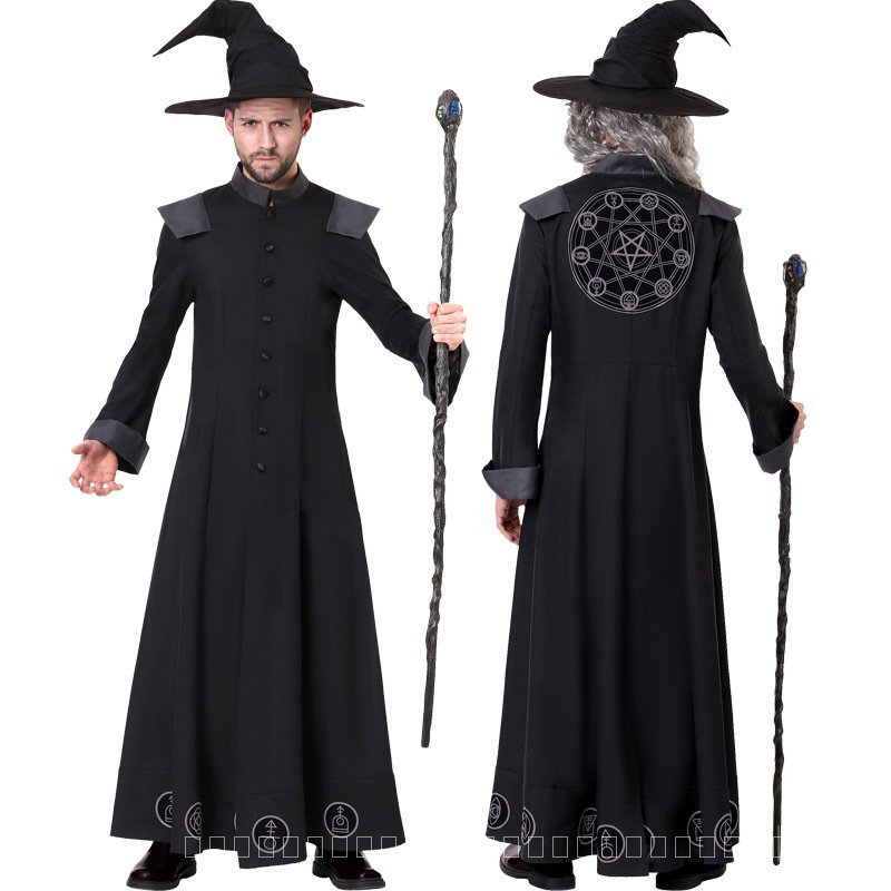 0714-SHZW cosplay role-play Halloween Men Black Classic Magician Wizard ...