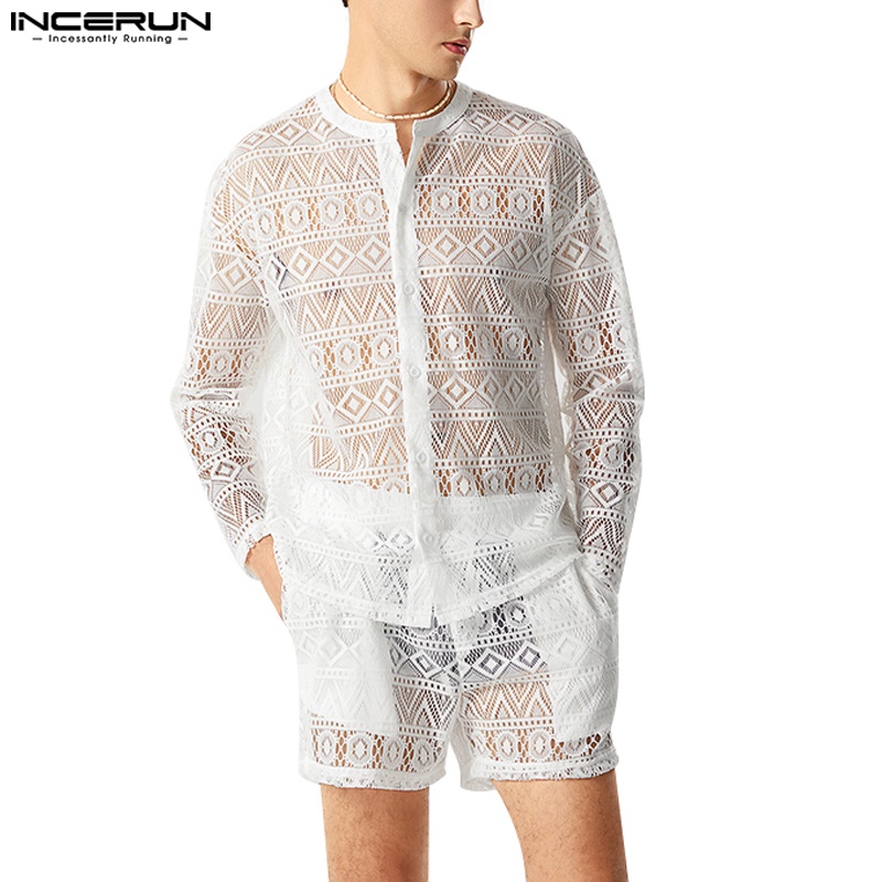 Incerun ชุดลูกไม้ สองชิ้น แฟชั่นสําหรับผู้ชาย | Shopee Thailand