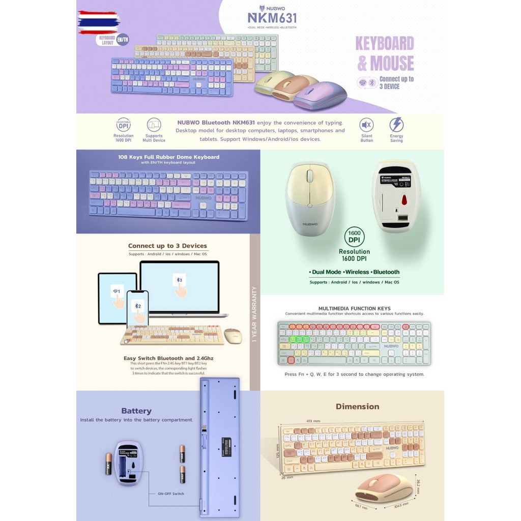 Keyboard+Mouse Nubwo NKM-631 Wireless/Bluetooth แป้นพิมพ์ไร้สาย ชุด ...