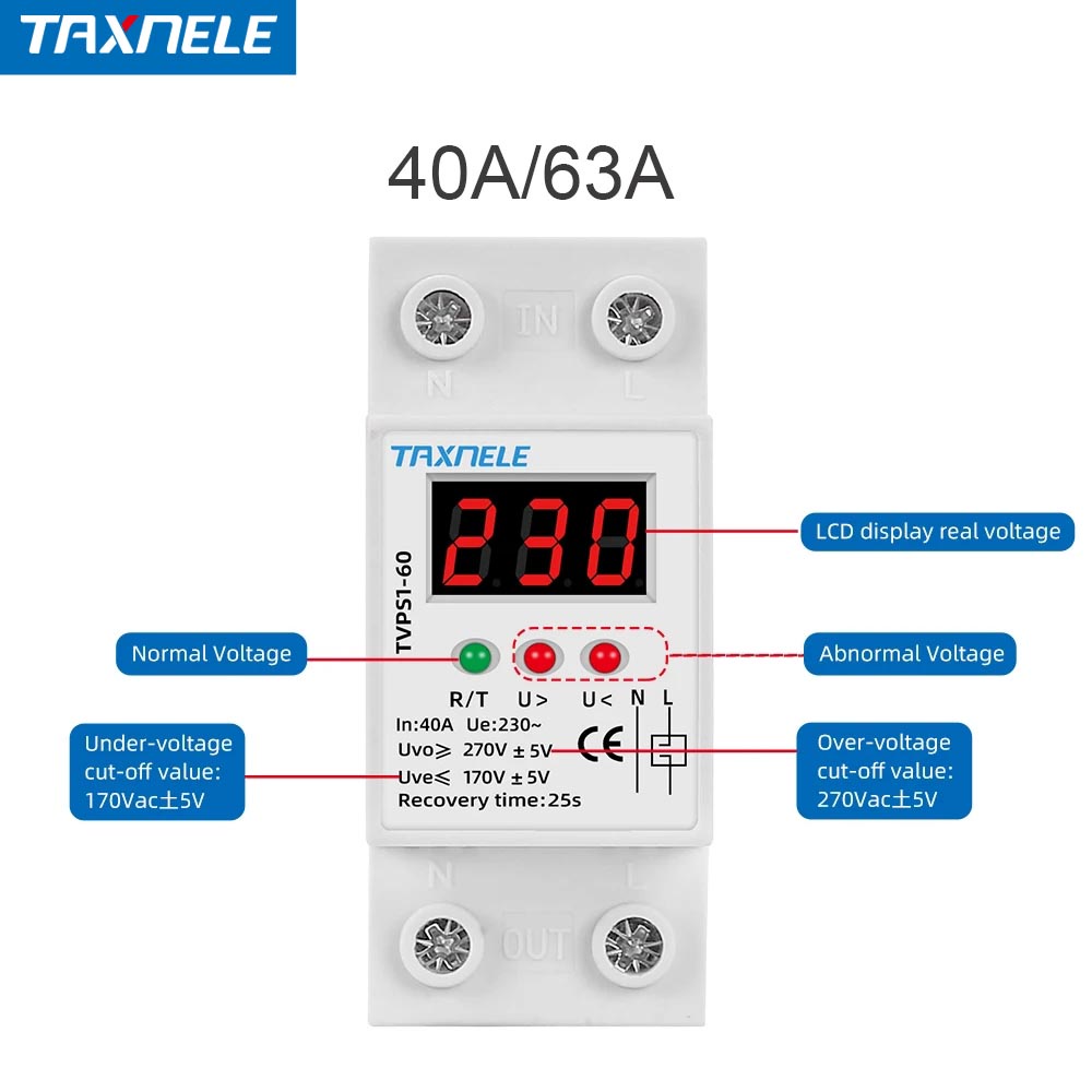 รีเลย์ป้องกันแรงดันไฟฟ้าเกิน และอุปกรณ์ป้องกันแรงดันไฟฟ้า 40A 63A 230V | Shopee Thailand