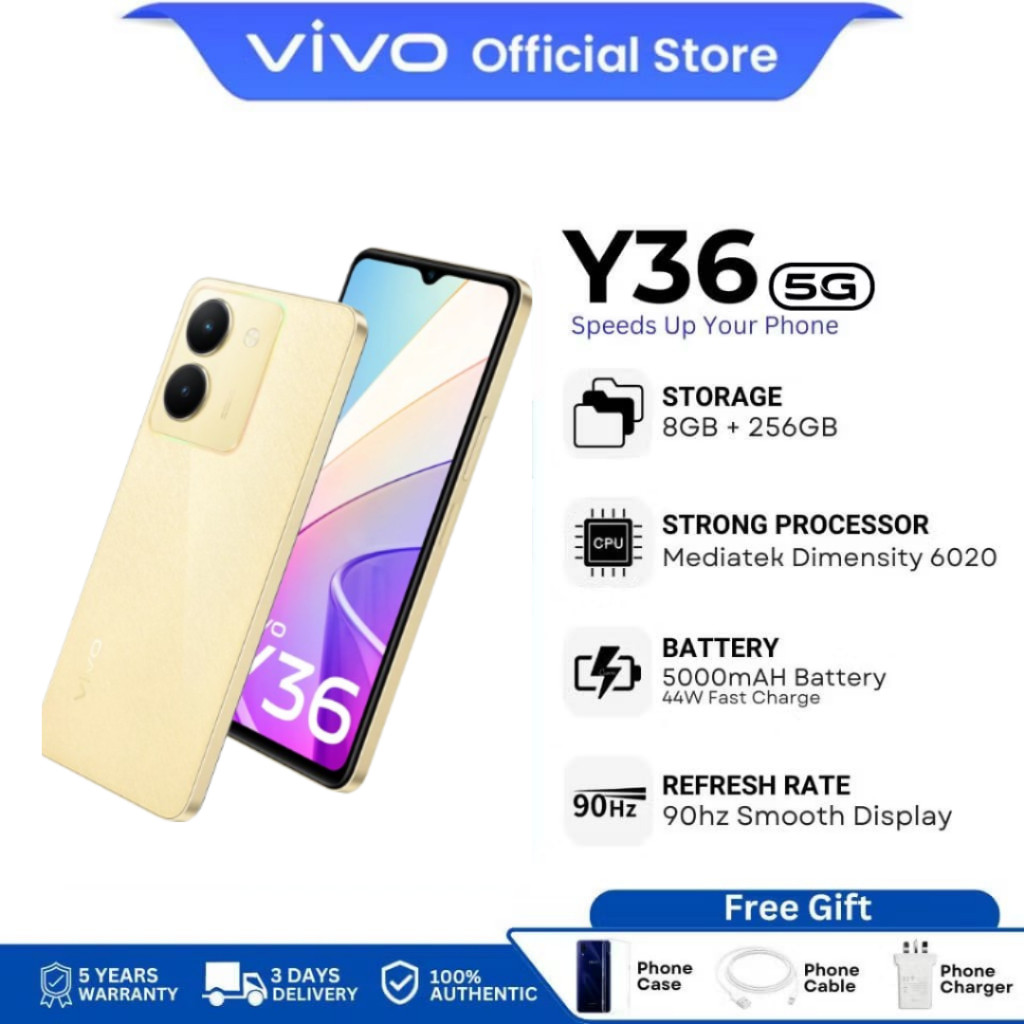 Vivo Y36 5G สมาร์ทโฟน, RAM 8GB + ROM 256GB, หน้าจอ 6.64 นิ้ว, แบตเตอรี่ ทนทาน, กล้อง 50MP, ของ ...