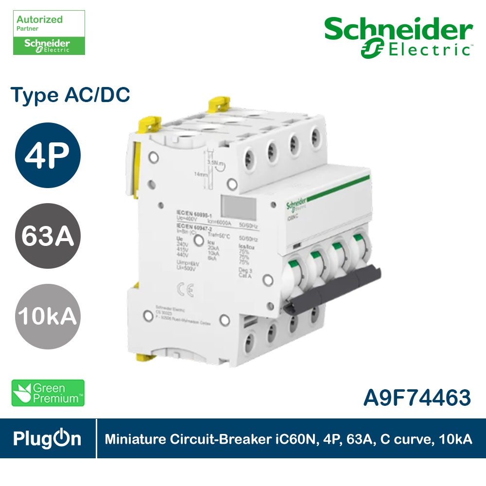 Schneider A9F74463 Miniature Circuit-Breaker, Acti9 iC60N, 4P, 63 A, C Curve, 6000 A (IEC 60898 ...