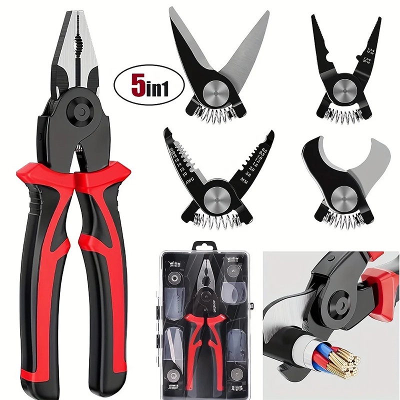 5in1 คีมปอกสายไฟ อเนกประสงค์ สําหรับช่างไฟฟ้า Interchangeable Head Tool Set คีมเหล็กมือถือสำหรับ ...