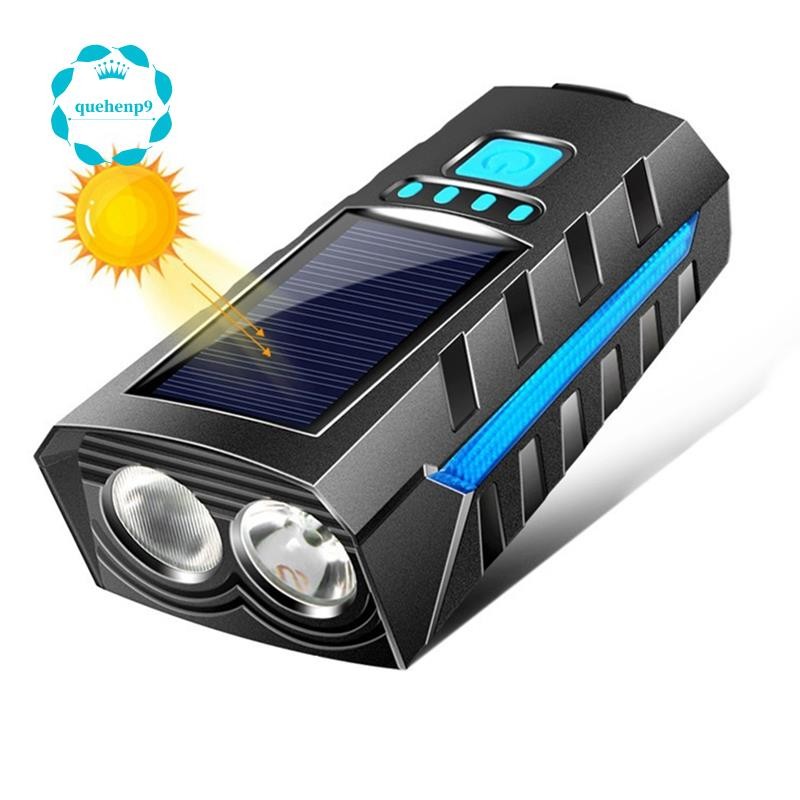 [quehenp9]ไฟหน้าจักรยานพลังงานแสงอาทิตย์พร้อมแตร 130db ไฟจักรยาน LED USB ชาร์จไฟสูงไฟฉายจักรยาน ...