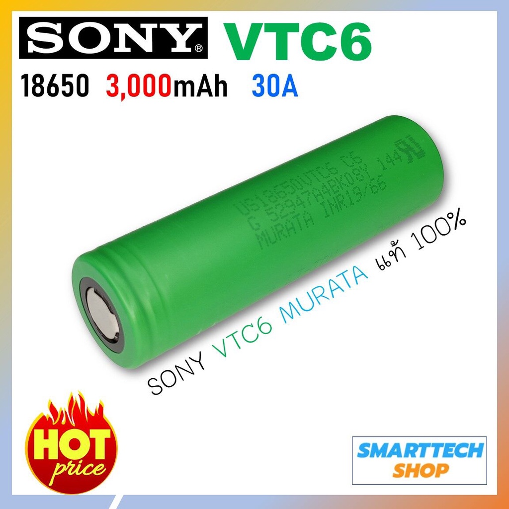 ถ่านชาร์จ 18650 Sony VTC6 MURATA 3000mAh จ่ายกระแสต่อเนื่อง 30A ของแท้ ...