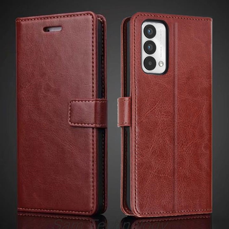 เคสหนังวัวแท้ ฝาพับ พร้อมช่องใส่บัตร ขาตั้ง สไตล์วินเทจ สําหรับ Realme ...