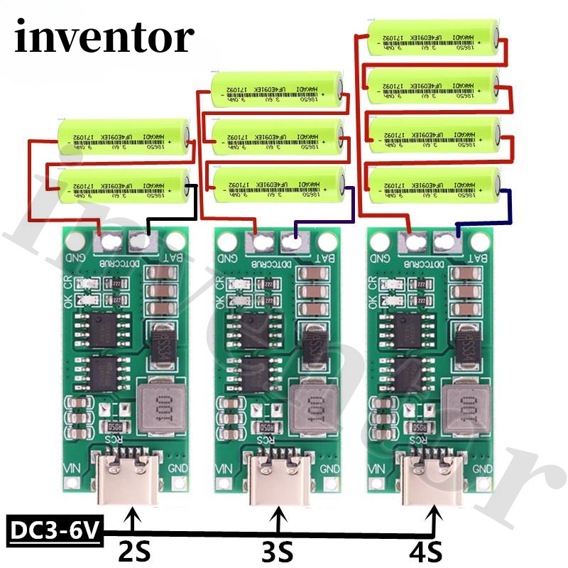แบตเตอรี่ลิเธียมโพลิเมอร์ 18650 2S 3S 4S Type-C เป็น 8.4V 12.6V 16.8V 7 ...