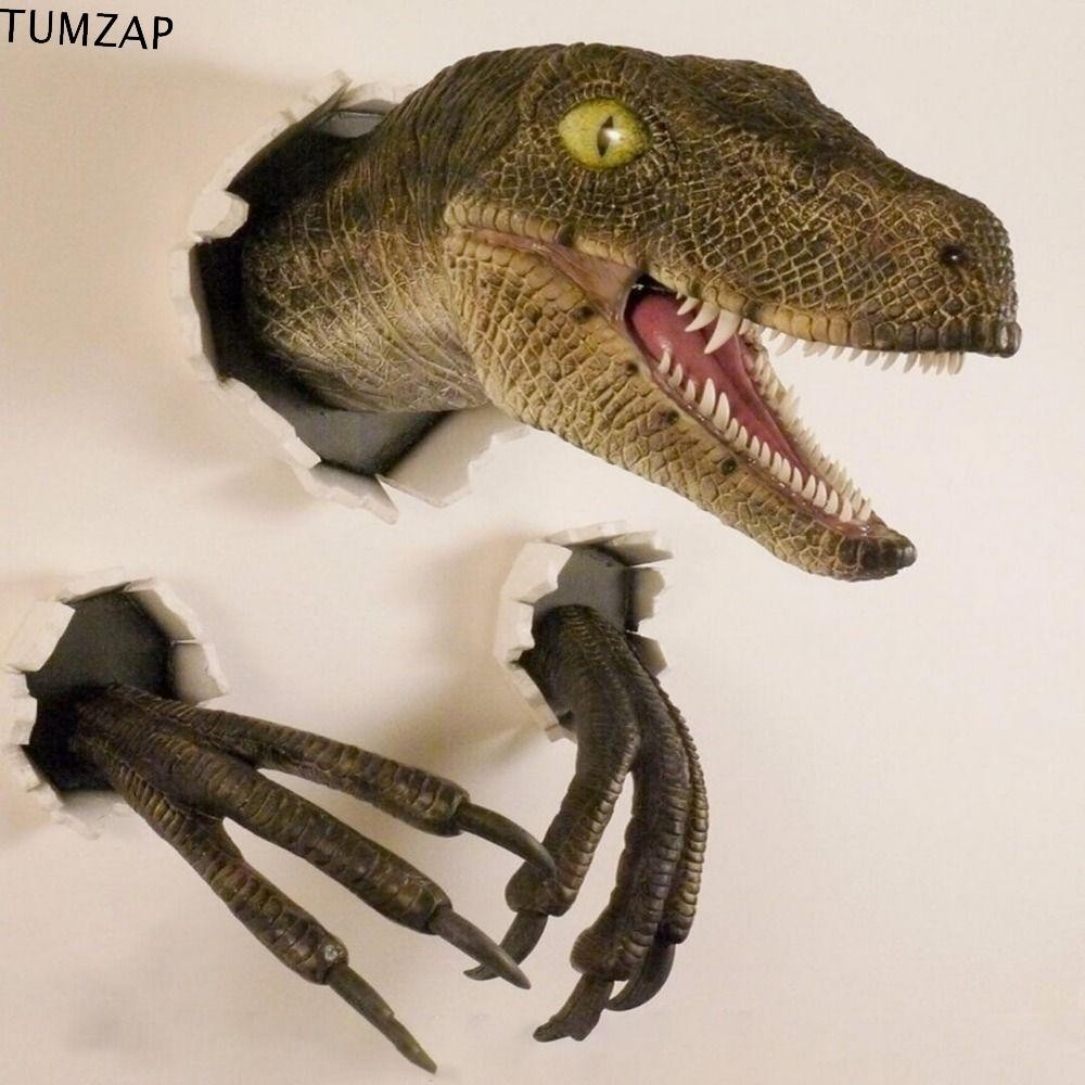 Tumzap 3 ชิ้น/เซ็ต 3D ติดผนังไดโนเสาร์,เรซิ่นสมจริง Wall-Broken Velociraptor รูปปั้น,ปาร์ตี้ฮา ...