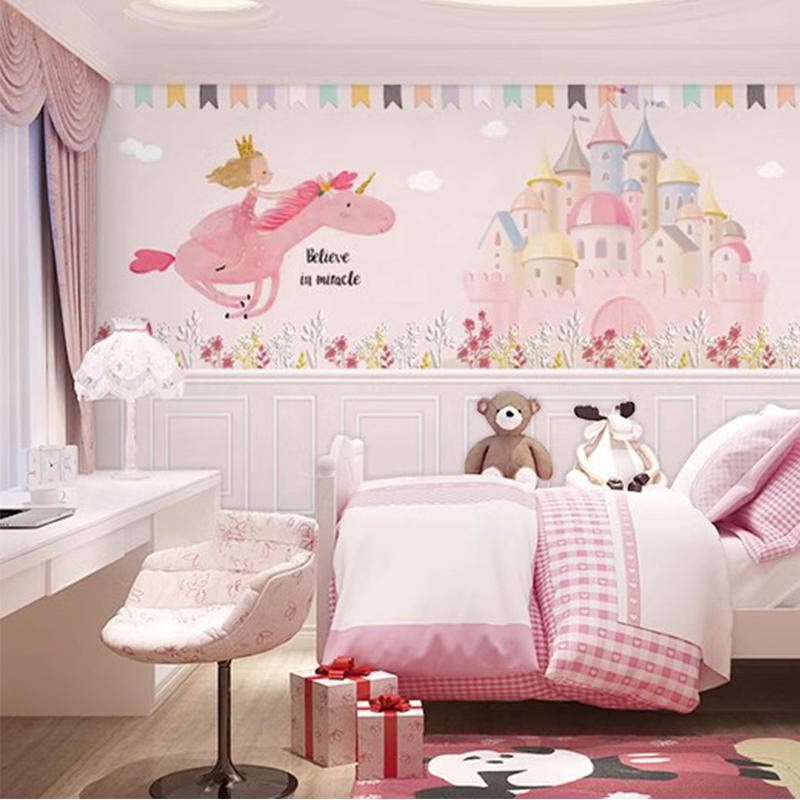 วอลล์เปเปอร์ติดผนัง ลายการ์ตูนยูนิคอร์น ปลาวาฬ 3 มิติ สีชมพู สไตล์เจ้าหญิง สําหรับตกแต่งห้องเด็ก