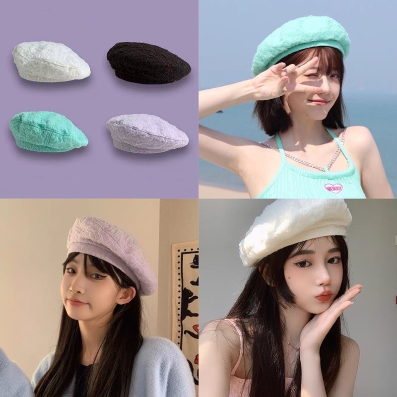 (PB) หมวกเบเร่ต์ Beret ทรงวินเทจ ผ้าอัดยับเนื้อตาข่าย | Shopee Thailand
