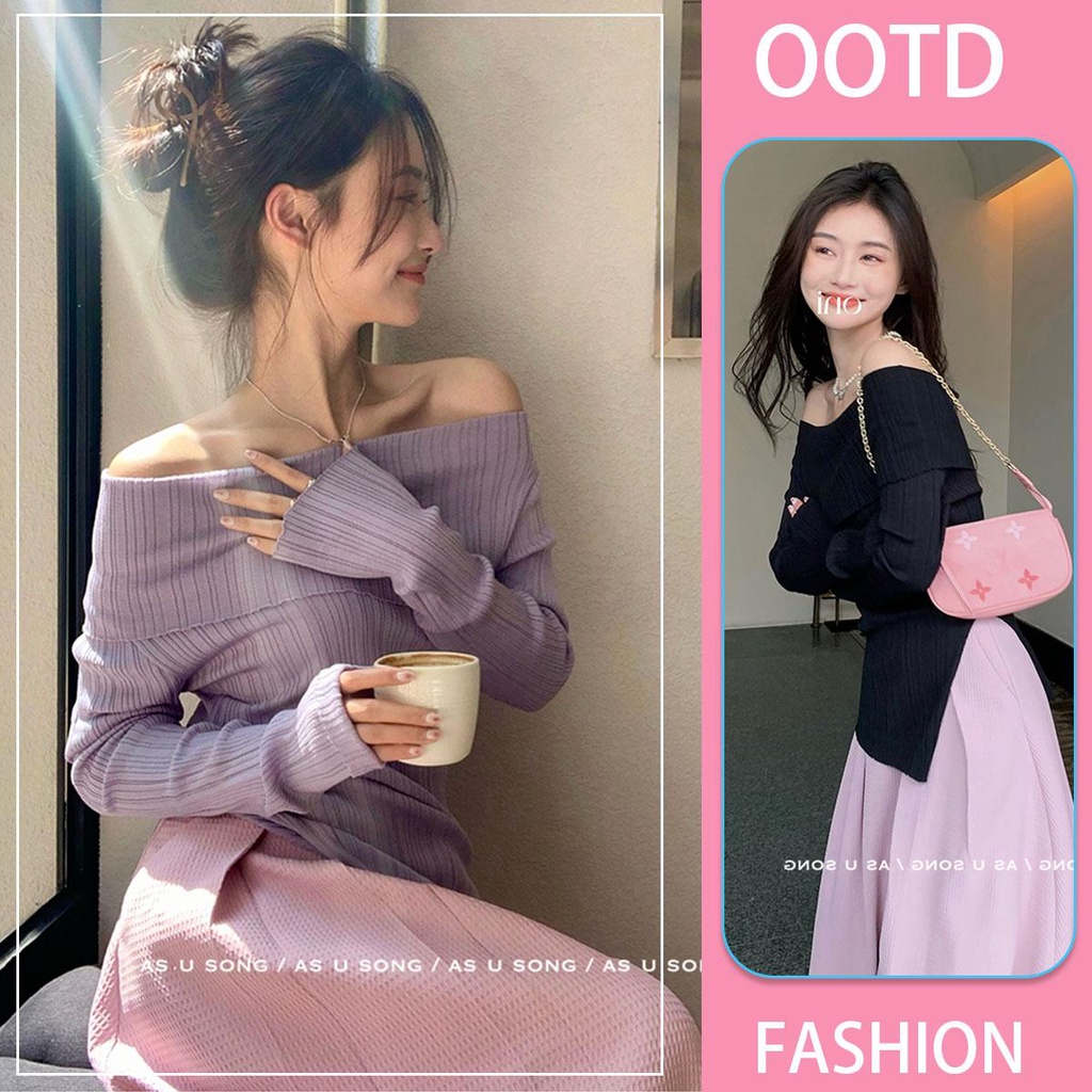 MIMI&DIDI เสื้อไหมพรมแขนยาวแฟชั่น เสื้อปาดไหล่ Y2K สไตล์เกาหลี ลำลองทรงบางมีรอยผ่าไม่สม่ำเสมอ ...