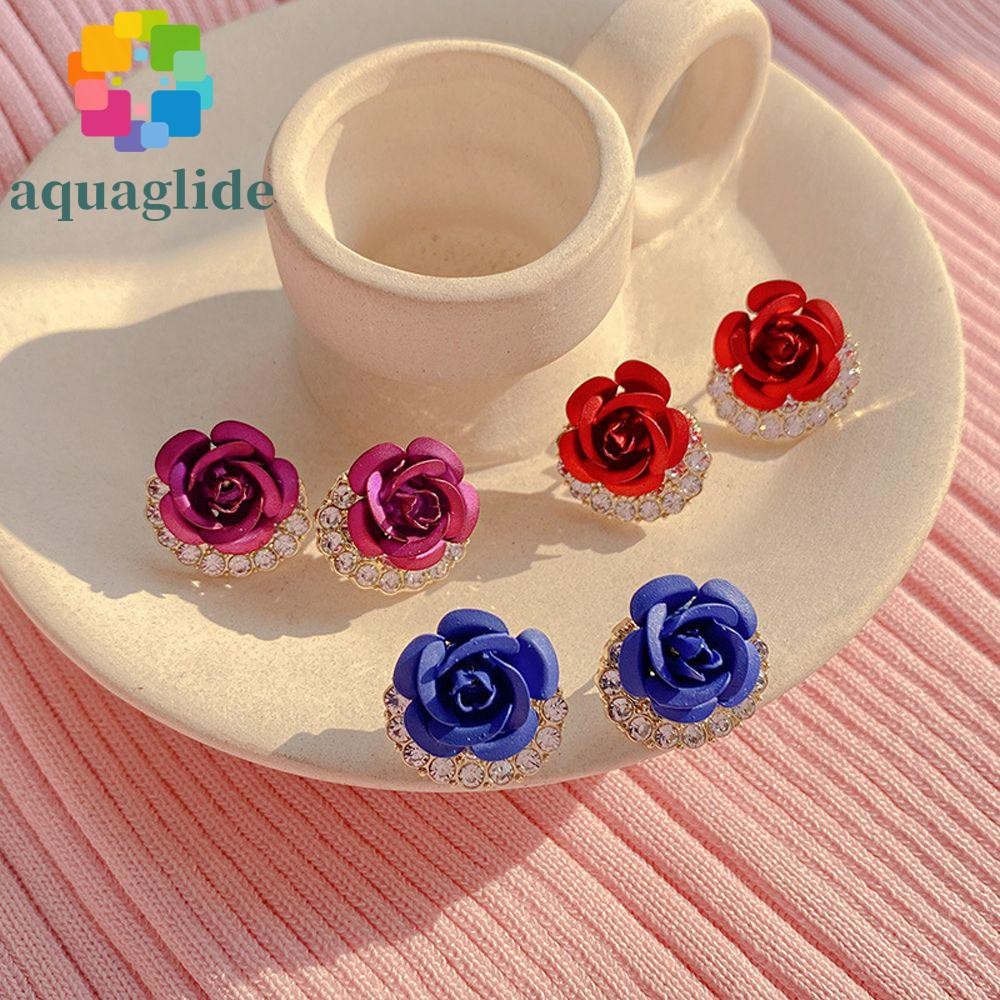 Aquaglide ต่างหูสตั๊ดผู้หญิงอินเทรนด์คริสตัล Rose ดอกไม้สําหรับ Grills ...