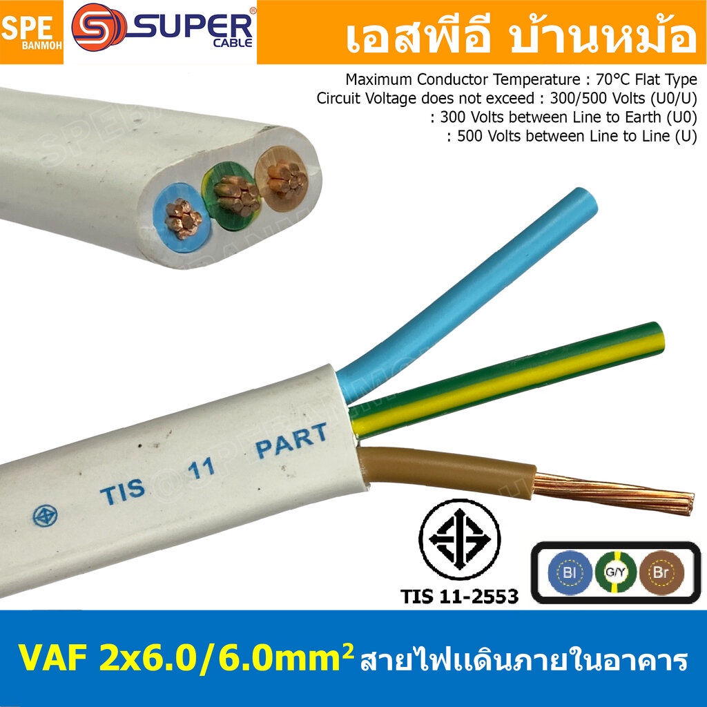[ 1 เมตร ] สายไฟบ้าน VAF-G 3Cx6.0 sq.mm. ฉนวนสองชั้น ชนิดแกนเดี่ยว เดินไฟในบ้าน สายไฟแข็ง 3 แกน ...