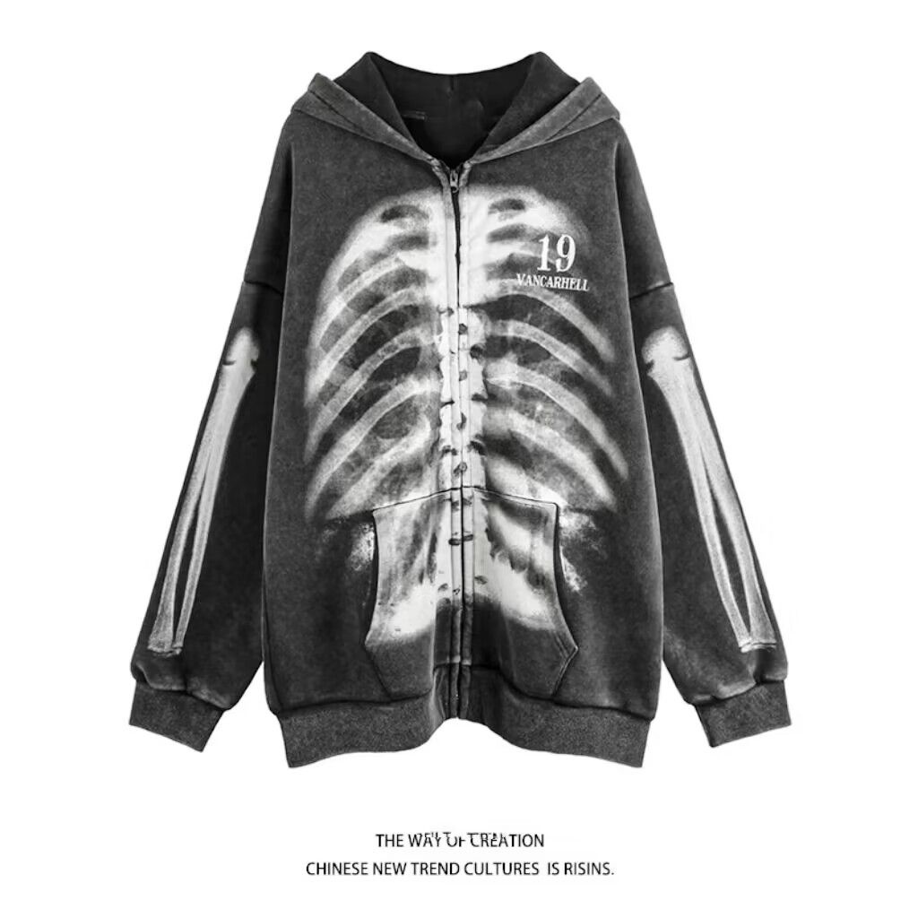 Zipper Skeleton Sweatshirt Street Wear Jacket Washed sizeover Fleece ...