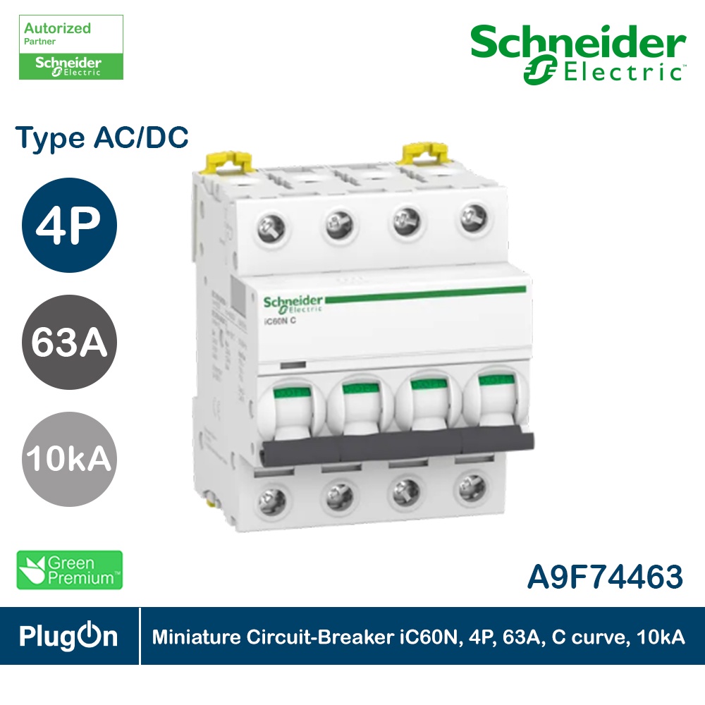 Schneider A9F74463 Miniature Circuit-Breaker, Acti9 iC60N, 4P, 63 A, C Curve, 6000 A (IEC 60898 ...