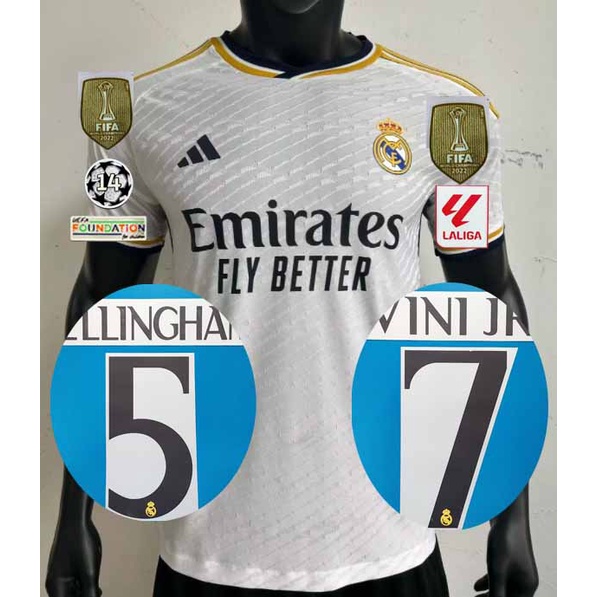 เสื้อกีฬาแขนสั้น ลายทีมฟุตบอล real madrid home player Issue BELLINGHAM VINI JR 23 24 ชุดเหย้า ...