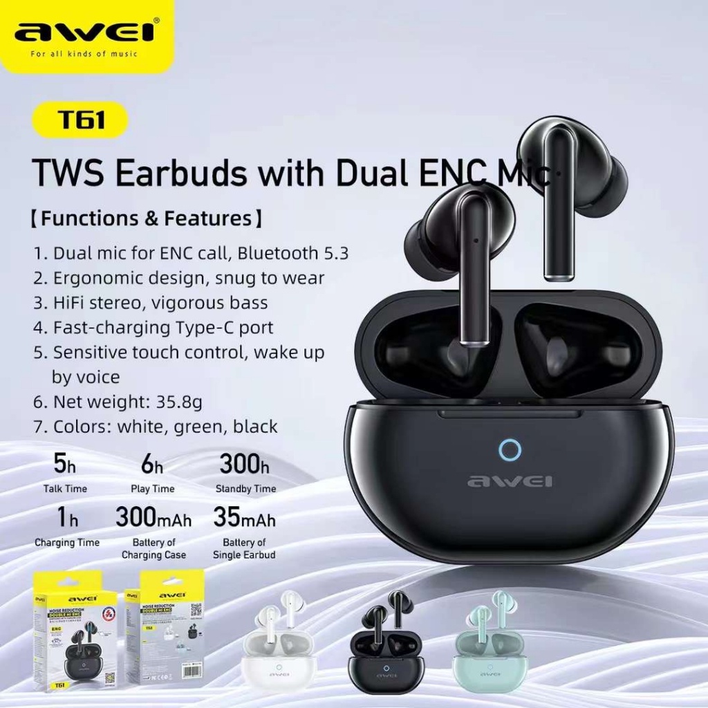 Awei T61 ENC หูฟังบลูทูธบลูทูธ5.3 TWS หูฟังไร้สาย IPX6กันน้ำ | Shopee Thailand