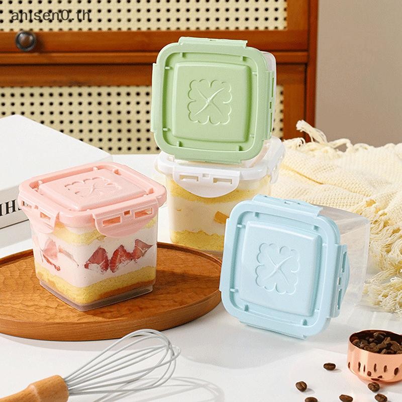 Ahlsen0 กล่องขนมแบบใช้ซ้ําได้พร้อมฝาปิดคอนเทนเนอร์เค้กสี่เหลี่ยมโปร่งใสไอศกรีมปิดผนึก Jar ...