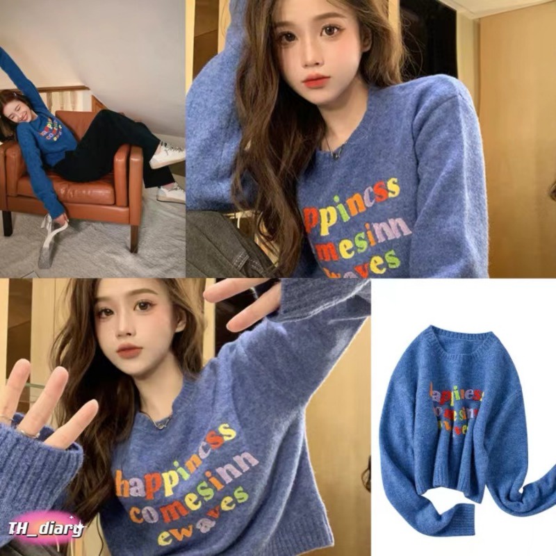 (จัดส่งจากกรุงเทพฯ) สไตล์ใหม่แห่งฤดูใบไม้ผลิ เสื้อสเวตเตอร์ถักแขนยาวปัก ...