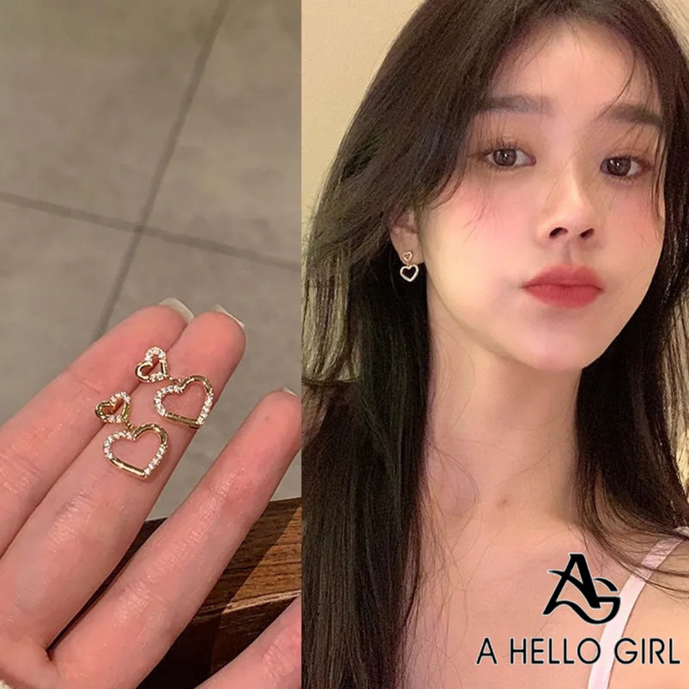 A Hello Girl ต่างหูเงิน S925 รูปหัวใจ ประดับเพชรกลวง หรูหรา สไตล์เกาหลี สําหรับผู้หญิง Shopee