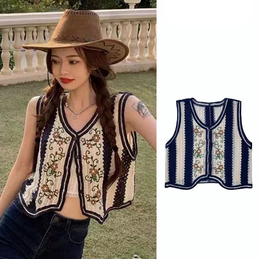 Dahong 19037 ️ เสื้อแขนกุดถักไหมพรม คอวี เสื้อไหมพรมถักแต่งลายดอกไม้ ...