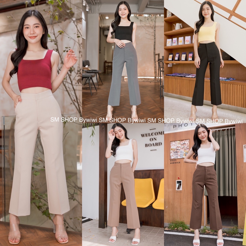 LA: กางเกงขากระดิ่ง ตะขอหน้า เอวสูง ขาม้าเล็ก ผ้าไอวี่ ผ้าเปเป้ S - 2XL ป้าย SMSHOP | Shopee ...