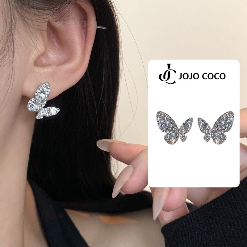 Jojo COCO ต่างหูเข็มเงิน S925 ประดับเพชร รูปผีเสื้อ สวยหรู แฟชั่นสําหรับผู้หญิง | Shopee Thailand