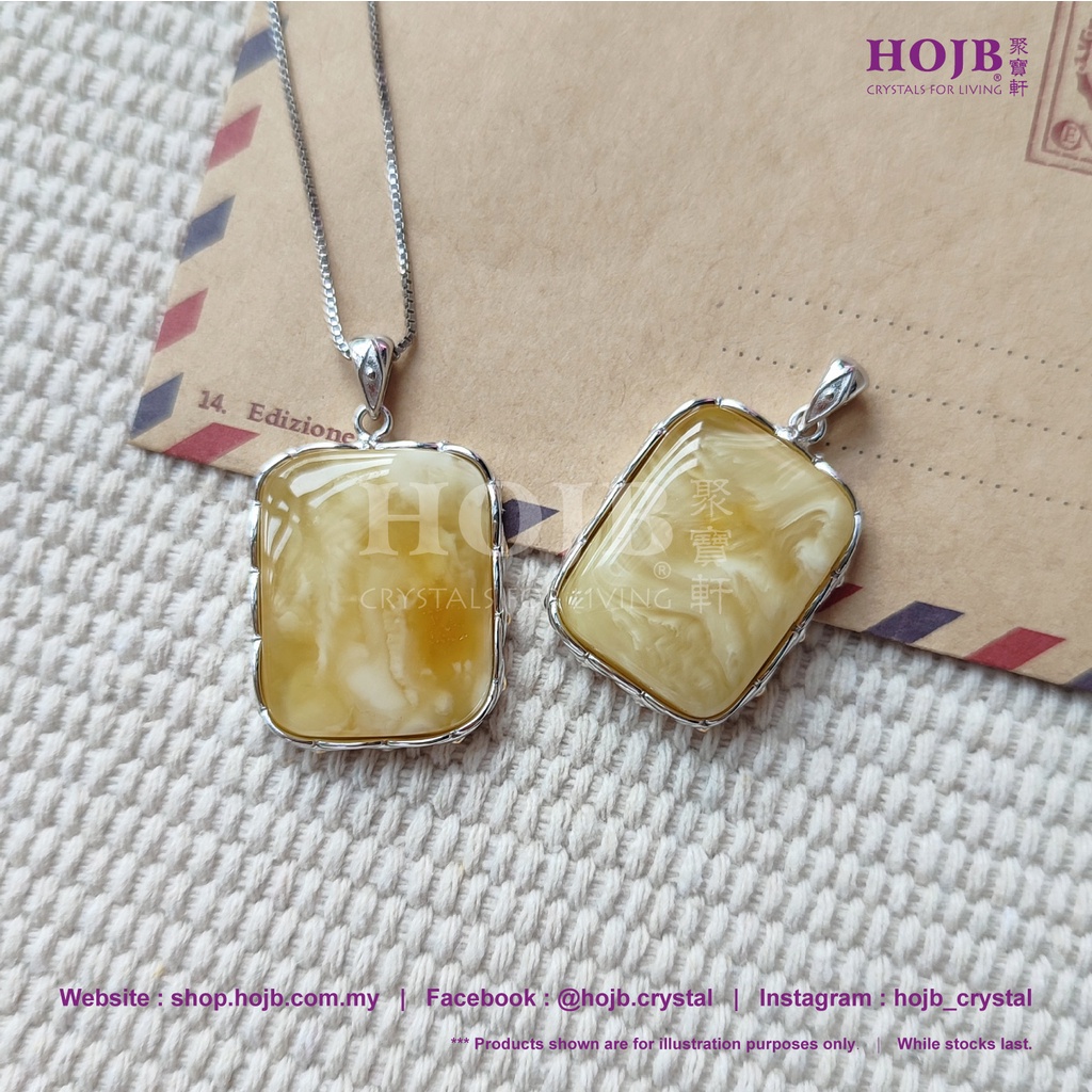 Hojb High Grade Natural White Beeswax Amber 6A สี่เหลี่ยมผืนผ้า S925 จี้ 18x24 มม. 聚宝优质 ธรรมชาติ ...