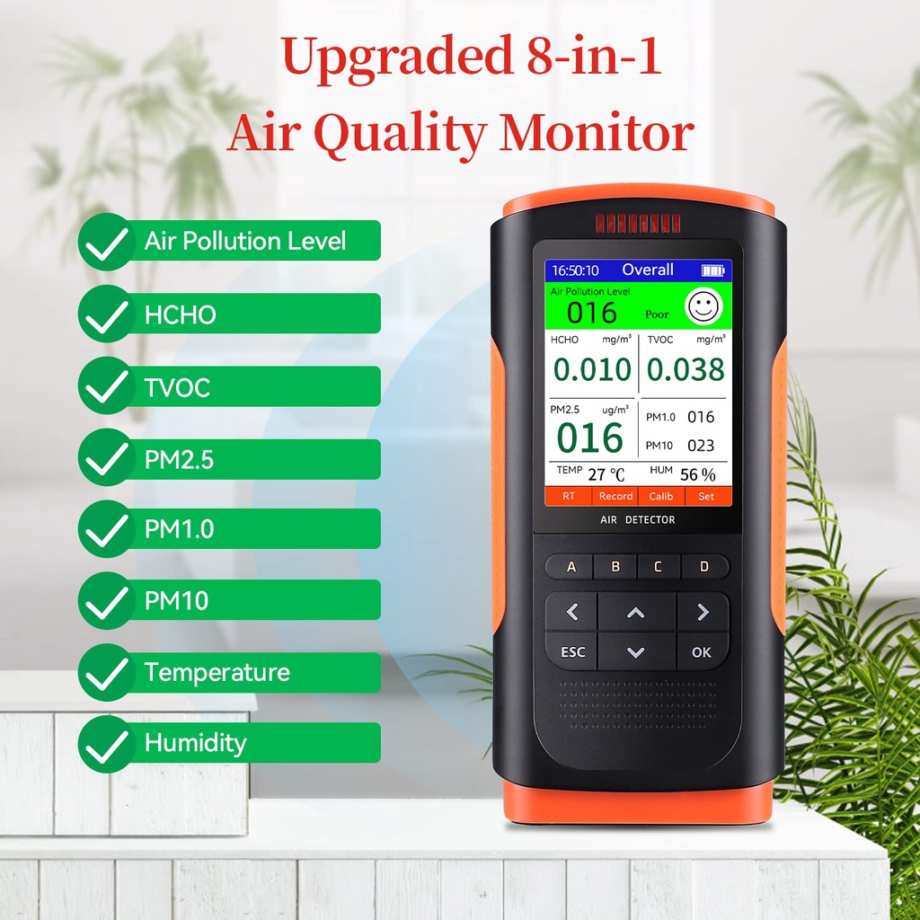 8-in-1 เครื่องตรวจจับคุณภาพอากาศ HCHO TVOC PM2.5 1.0 10 แบบพกพา สําหรับ ...